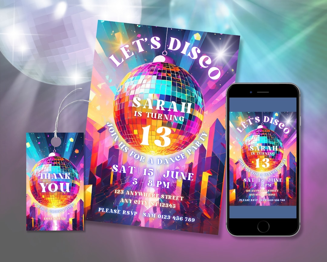 Disco Party Invitation, Editable Dance Party Invite, Colourful Retro ...