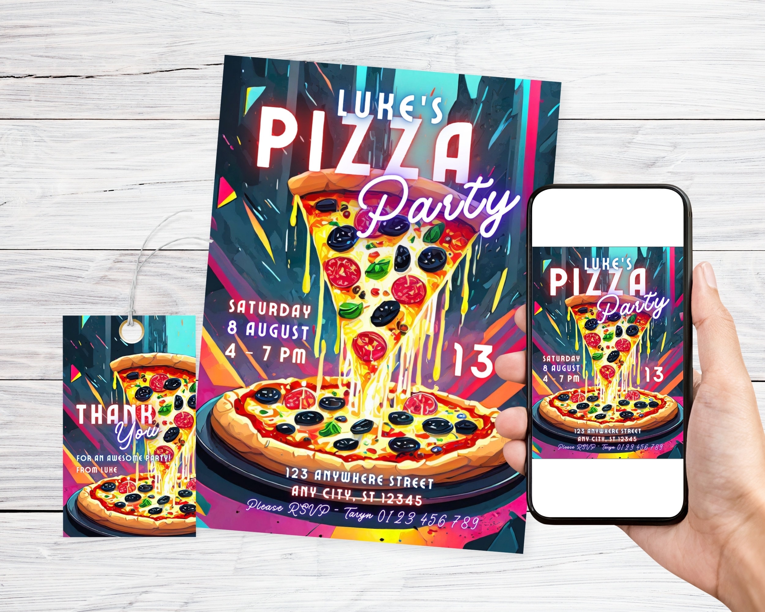 Pizza Party Invitation, Pizza Invite, Retro Pizza Party Invite ...