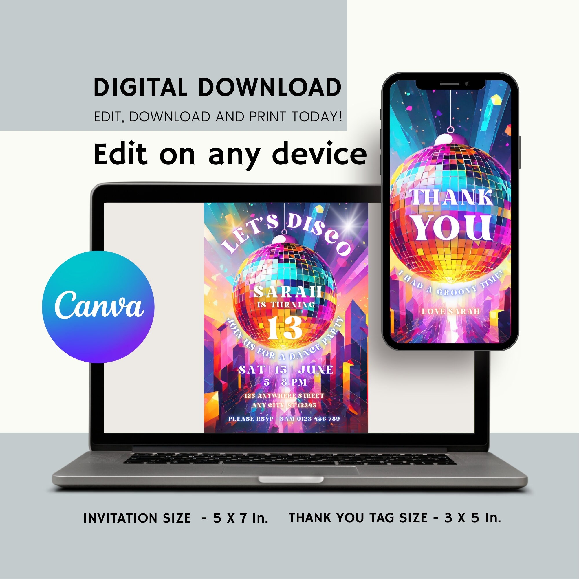 Disco Party Invitation, Editable Dance Party Invite, Colourful Retro ...