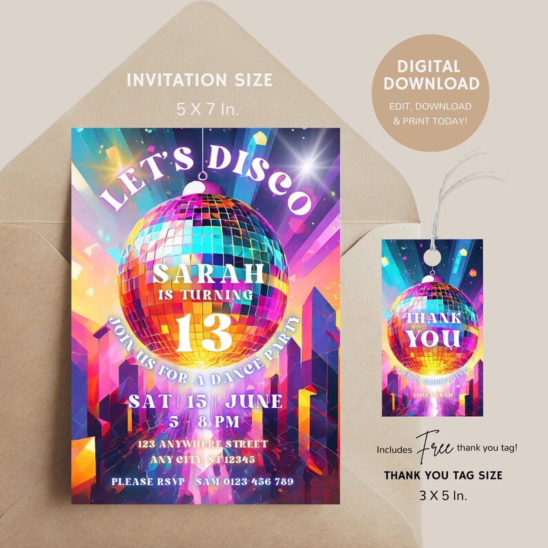Disco Party Invitation, Editable Dance Party Invite, Colourful Retro ...