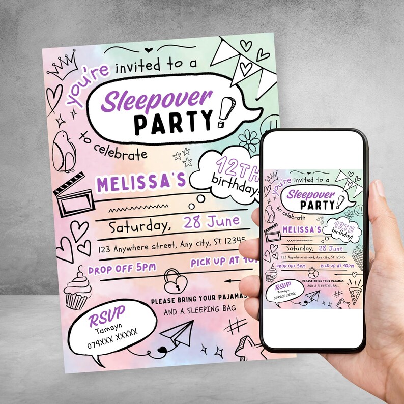 Editable Sleepover Birthday Party Invitation Template, Teenager Doodle ...