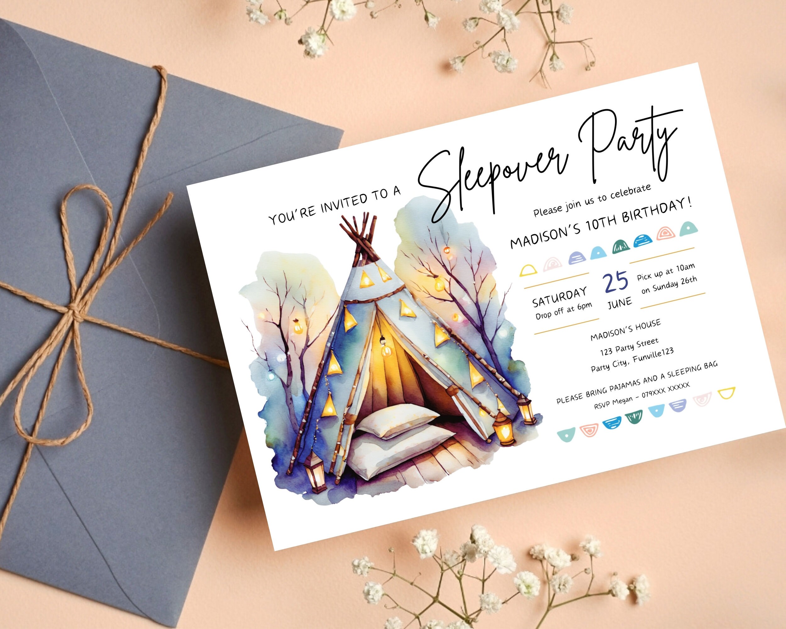 Sleepover Birthday Party Invitation Template, Kids Teepee Tent ...