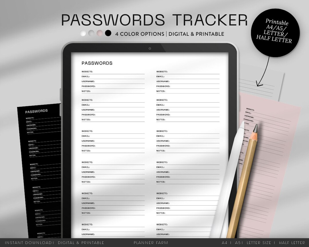 Passwords Tracker Planner Printable & Digital , A4/ A5 / Letter / Half ...