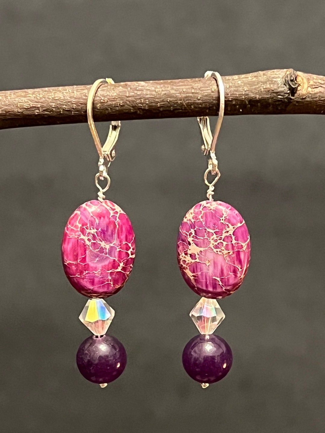 Semi Precious Gemstone Purple Variscite, Amethyst, & Crystal Earrings ...