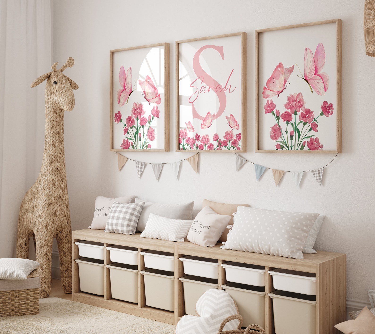 Pink Butterfly and Flower Theme Custom Name Wall Art Set for Girl's ...