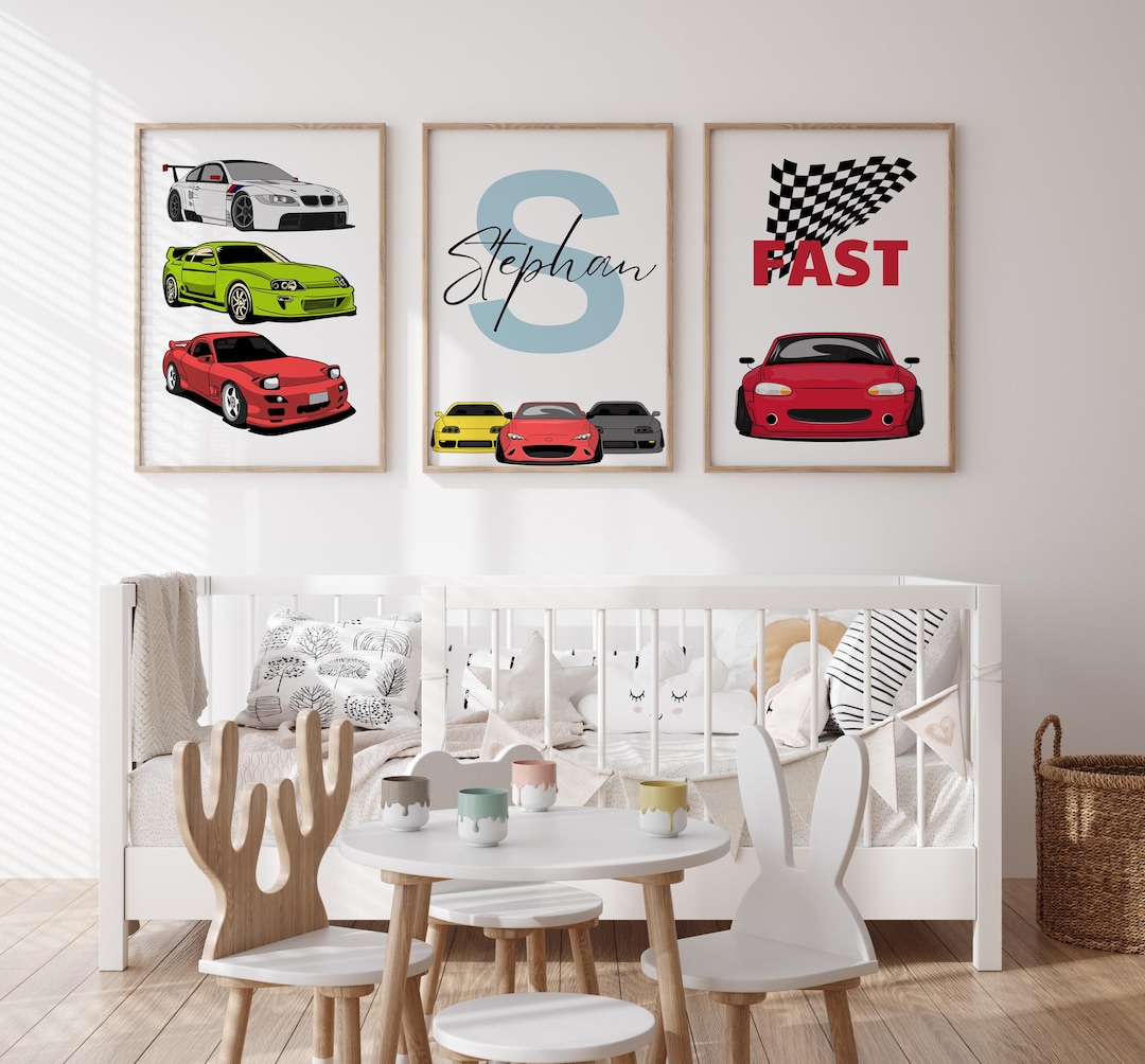 Custom Name Race Car Wall Art Set - Boys Room Decor, 3-piece Sports Car ...