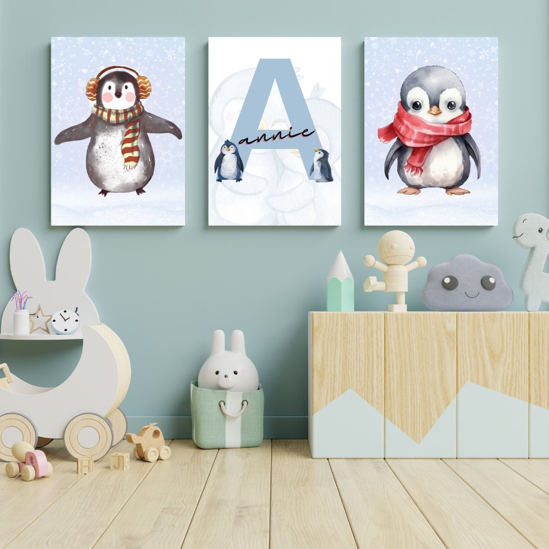 Personalized Watercolor Penguin Wall Art, Penguin Set of 3, Nursery ...