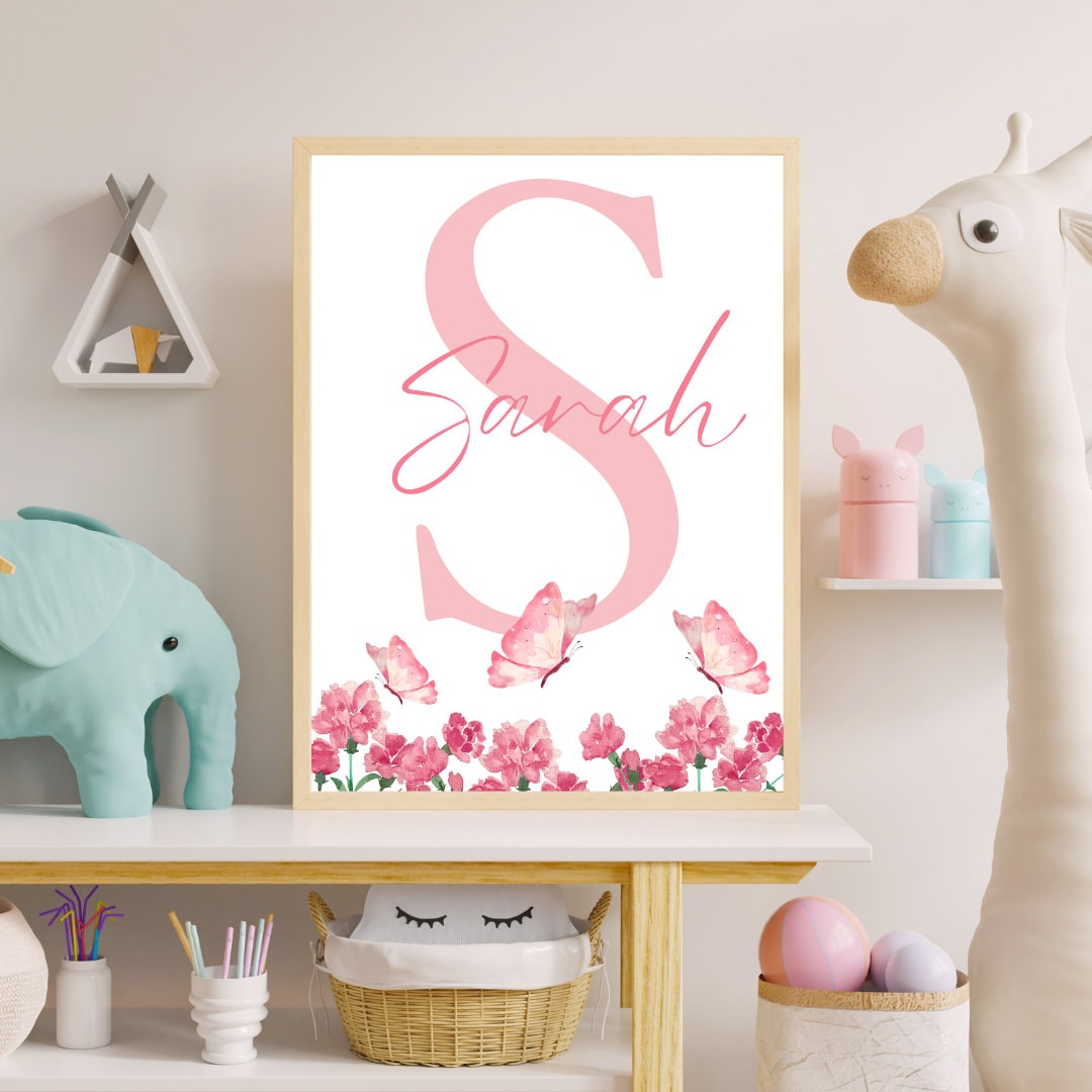Pink Butterfly and Flower Theme Custom Name Wall Art Set for Girl's ...