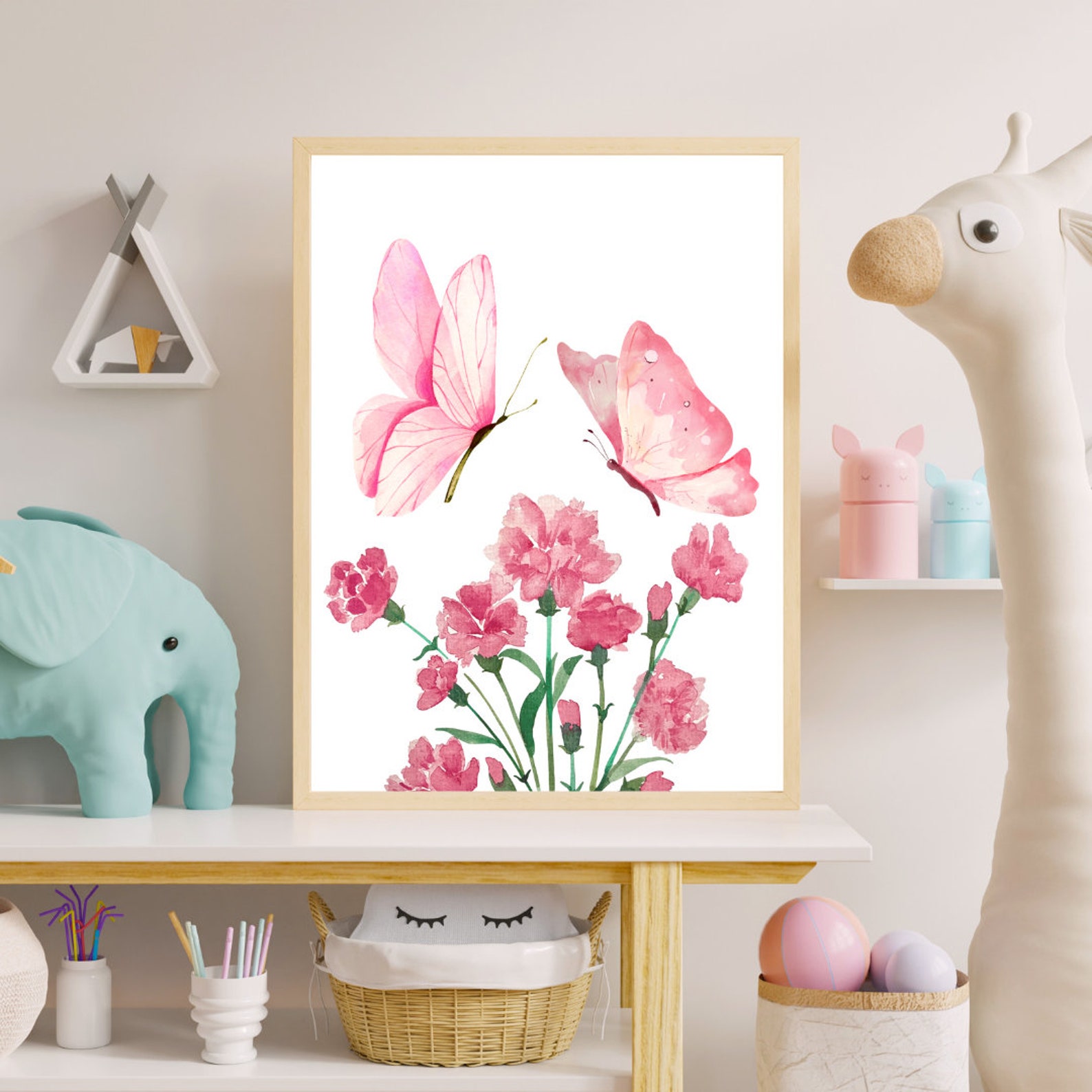 Pink Butterfly and Flower Theme Custom Name Wall Art Set for Girl's ...