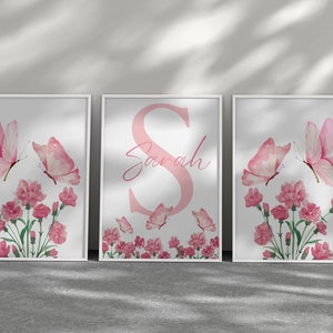 Pink Butterfly and Flower Theme Custom Name Wall Art Set for Girl's ...