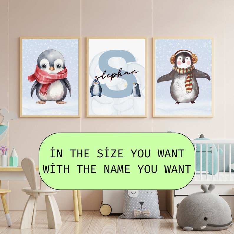 Personalized Watercolor Penguin Wall Art, Penguin Set of 3, Nursery ...