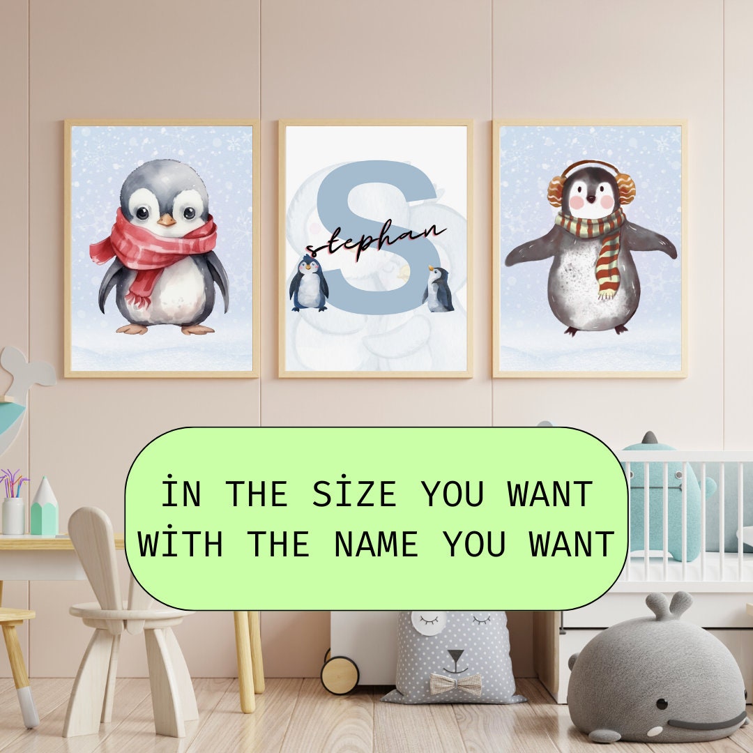 Personalized Watercolor Penguin Wall Art, Penguin Set of 3, Nursery ...