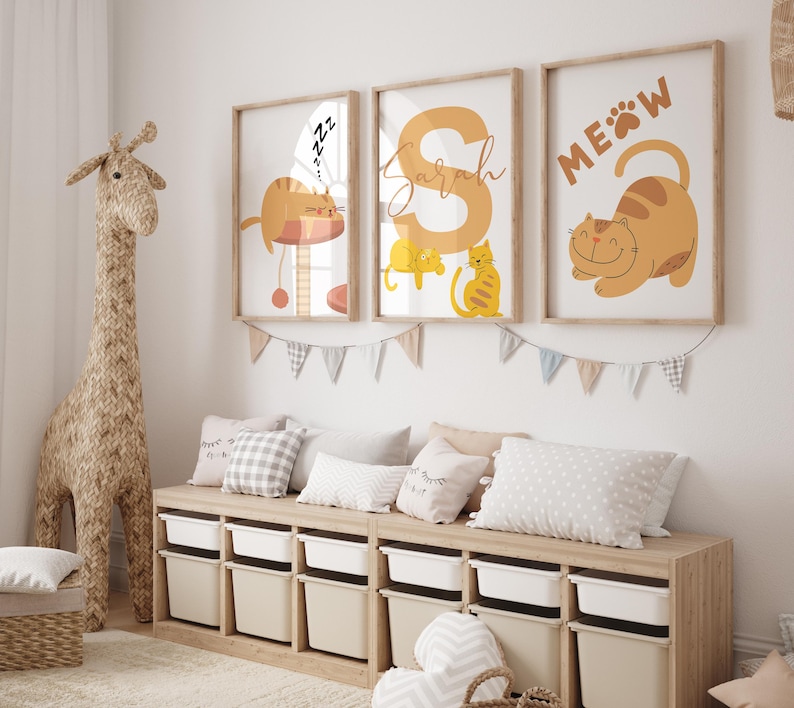 Personalized Cat Wall Art for Kids Room | Custom Name Cat Themed Decor ...