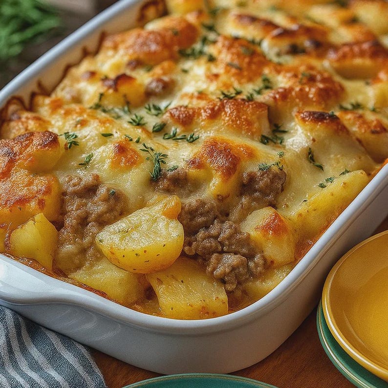 Cheesy Hamburger Potato Casserole Recipe: Printable Family Dinner (PDF ...