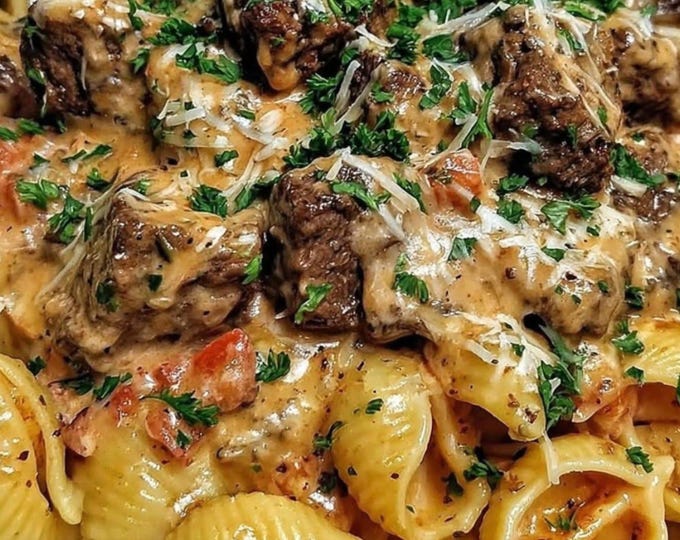 Southern Garlic Creamy Shells With Beef Bites Recipe | Easy Comfort ...