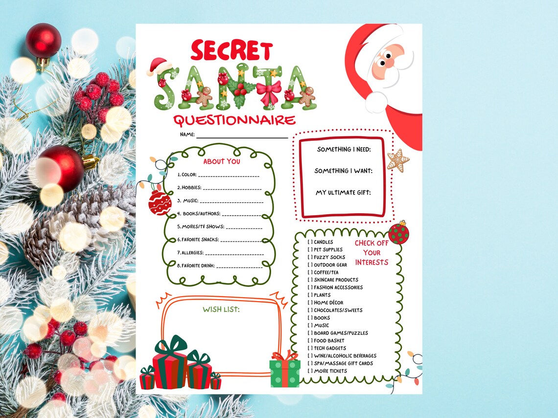 Secret Santa Printable Questionnaire. Secret Santa Instant Download ...