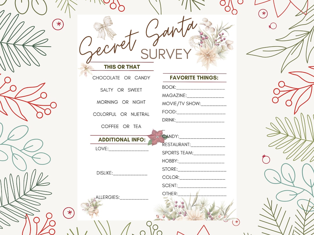 Rustic Secret Santa Survey. Secret Santa Wishlist, Secret Santa Form - Etsy