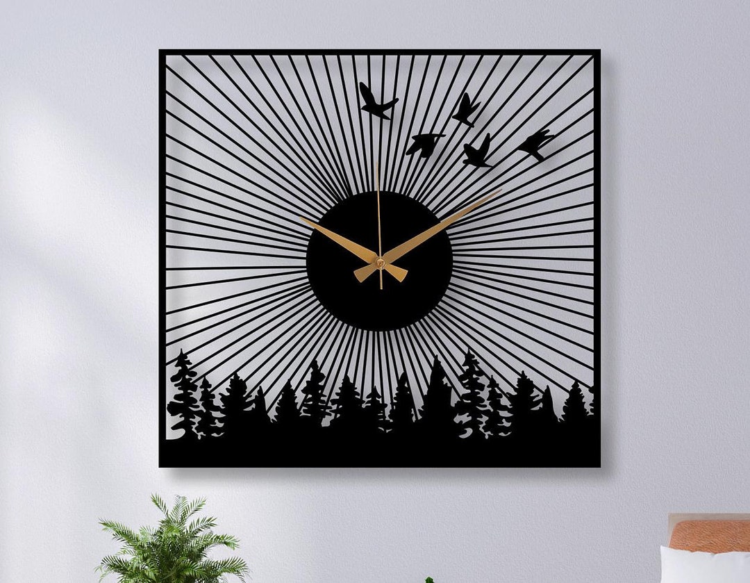 Black Metal Bird Wall Clock - Tree Design, Handmade Silent Clock ...