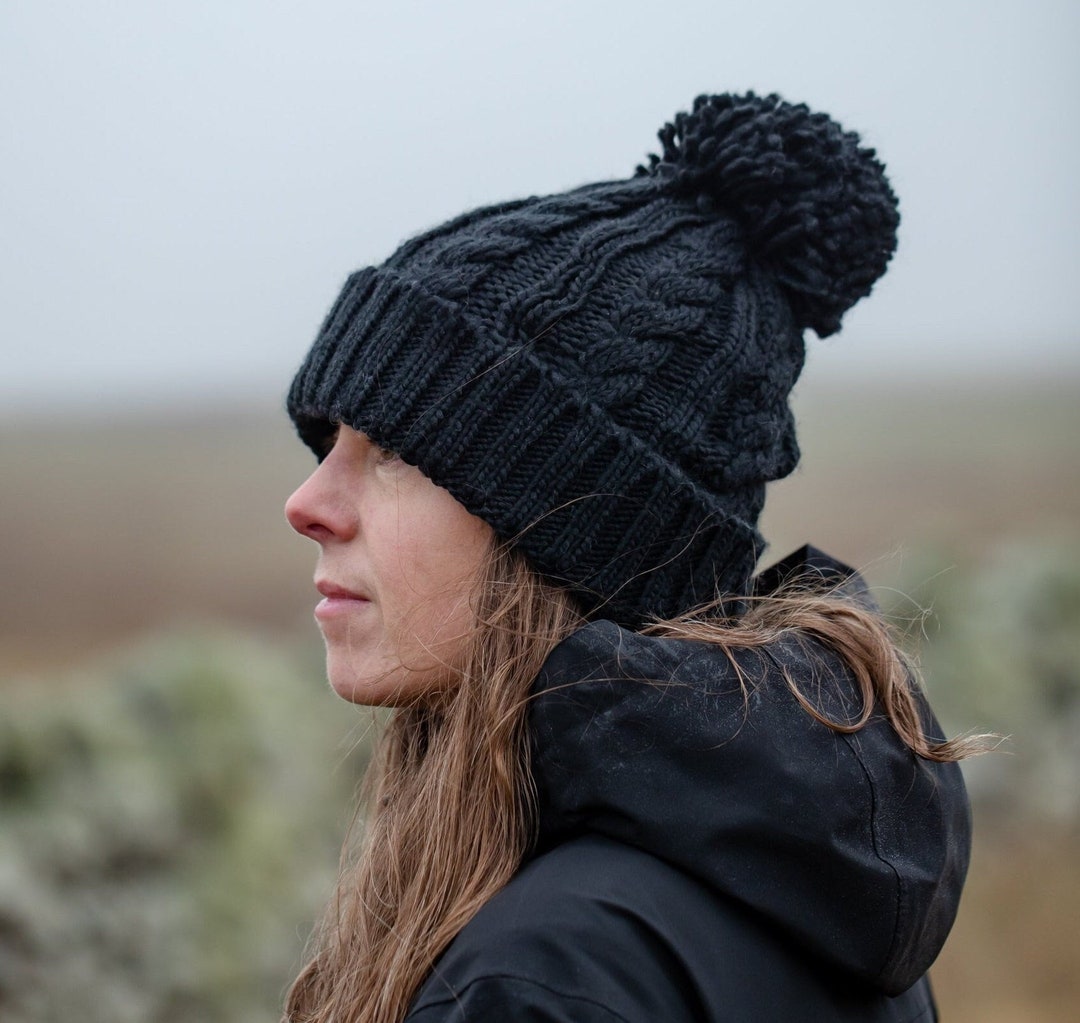 Fleece Lined Cable Knit Bobble Hat, Oversized Cuffed Black or Navy Pom ...