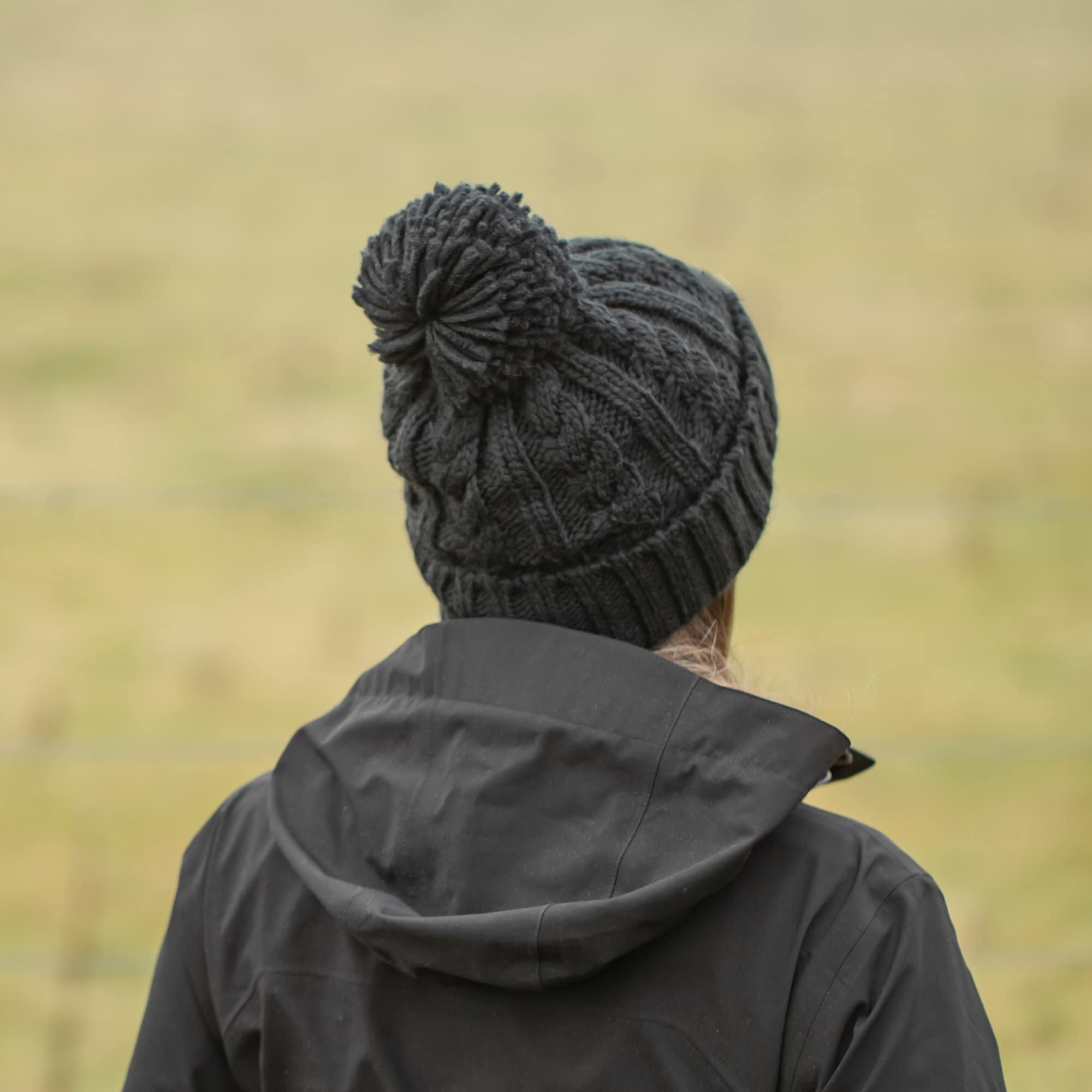 Fleece Lined Cable Knit Bobble Hat, Oversized Cuffed Black or Navy Pom ...