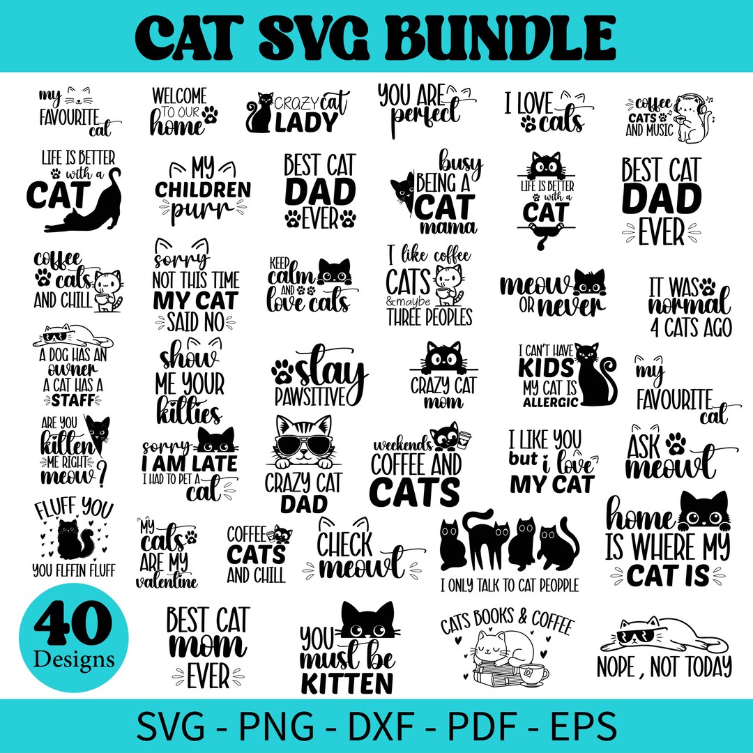 Paquete de SVG de gato, SVG de mamá gata, SVG de camiseta con 40 frases ...