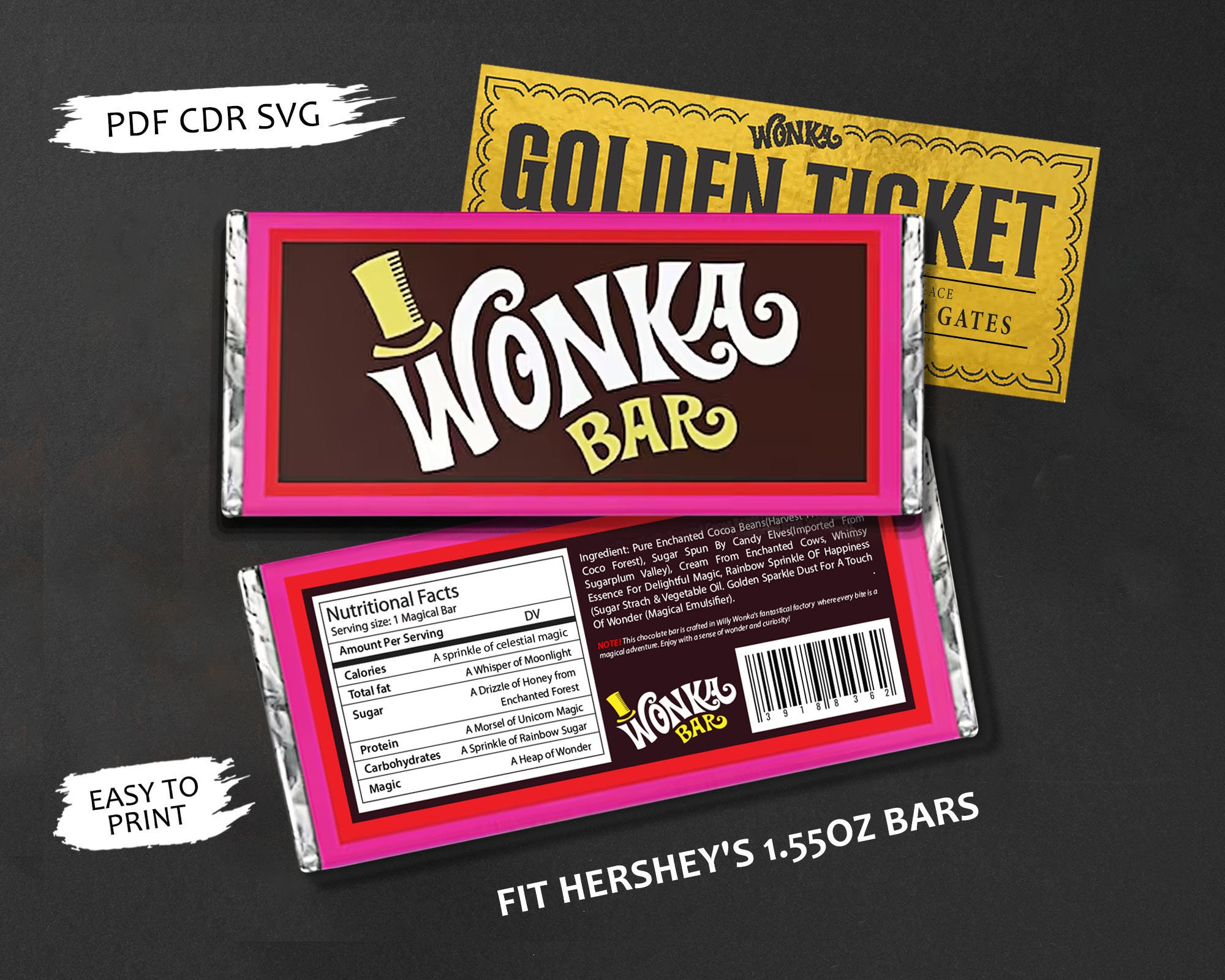 Wonka Chocolate Bar Label, Willy Wonka Party Supplies, 1.55oz Digital ...