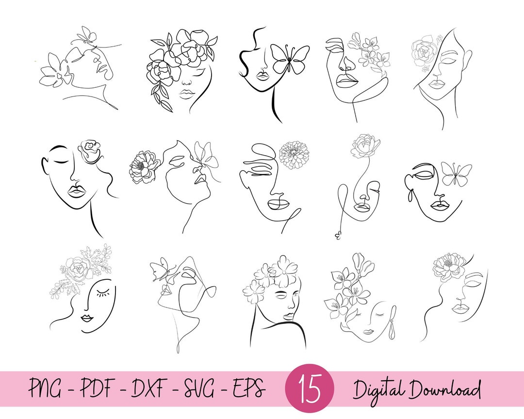 15 Line Art Face Svg, Flowers in Hair Svg, Line Art Women SVG, Faces ...