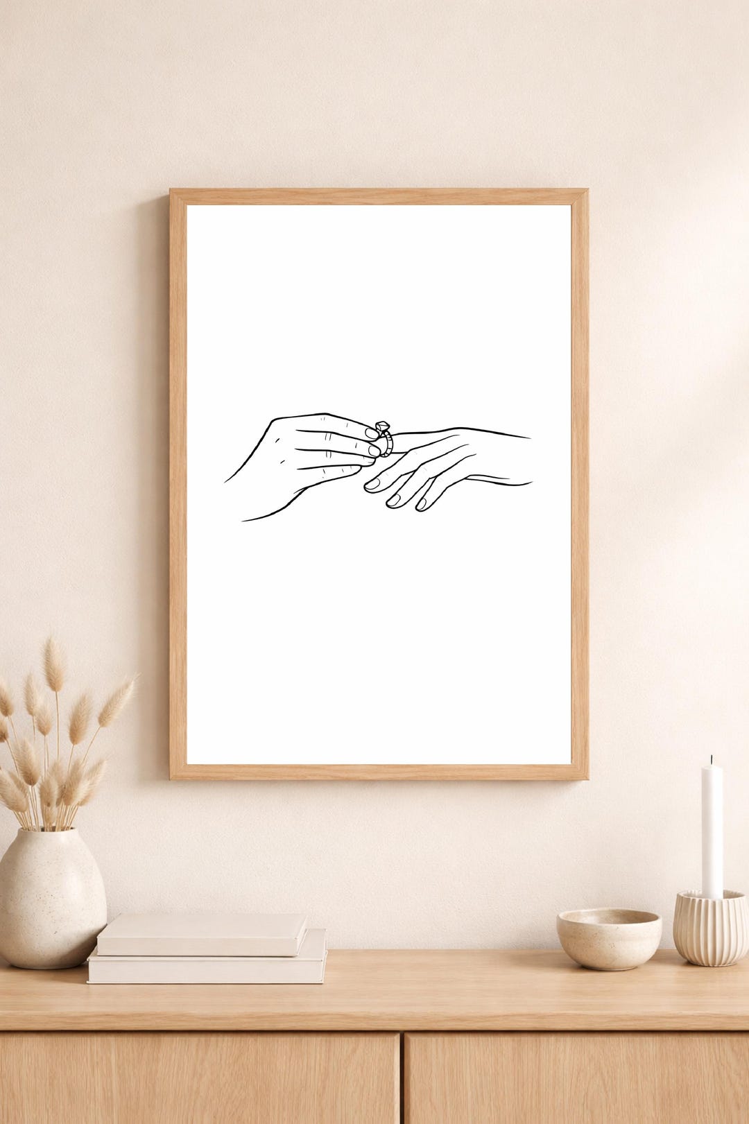 Minimal Engagement Ring Line Art Print, Proposal Hands Outline Poster ...