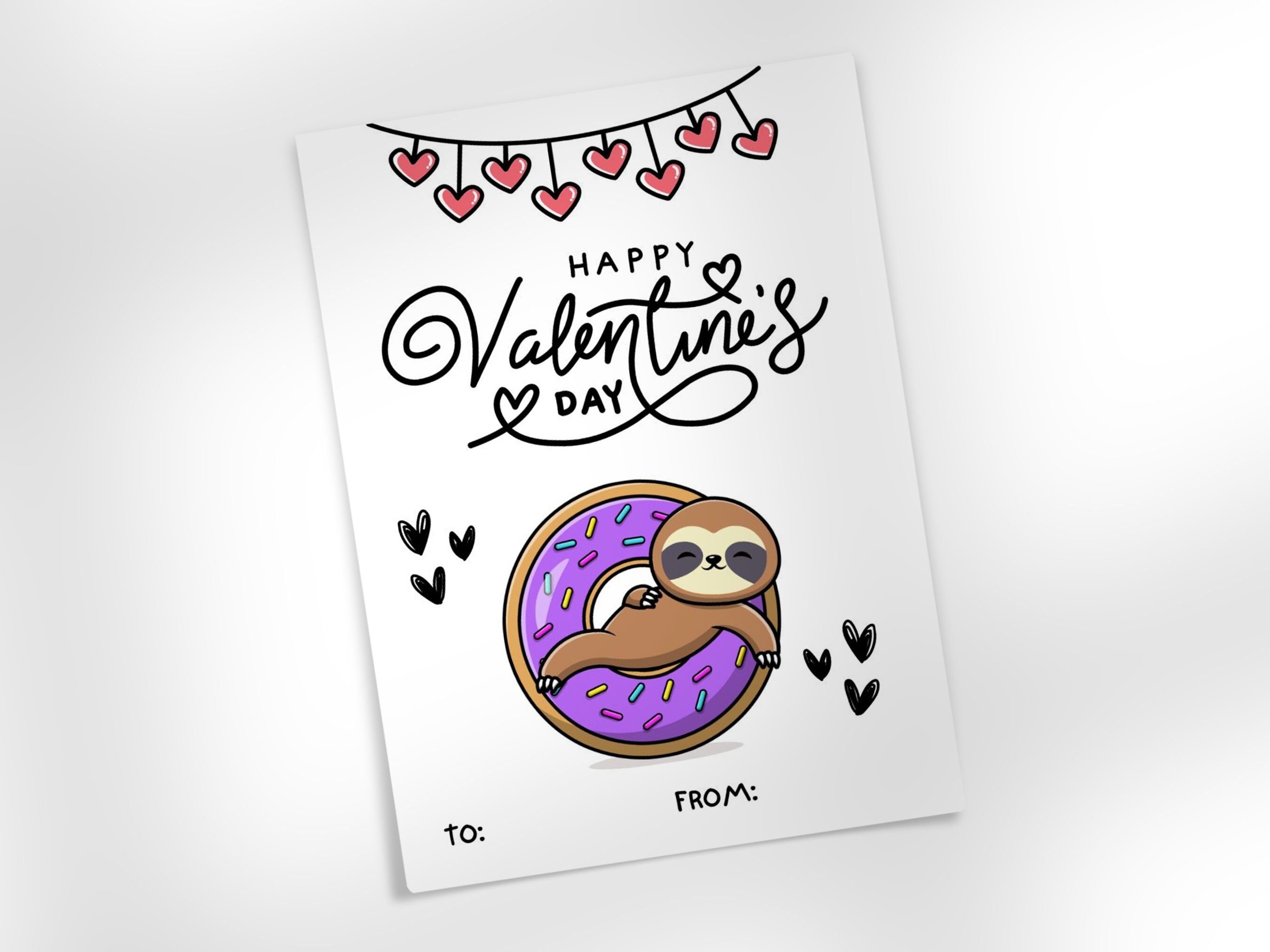 Sloth Valentine Printable Cards for Kids, February 14th Vday Classroom ...