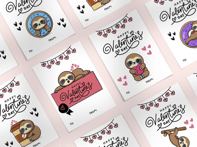 Sloth Valentine Printable Cards for Kids, February 14th Vday Classroom ...