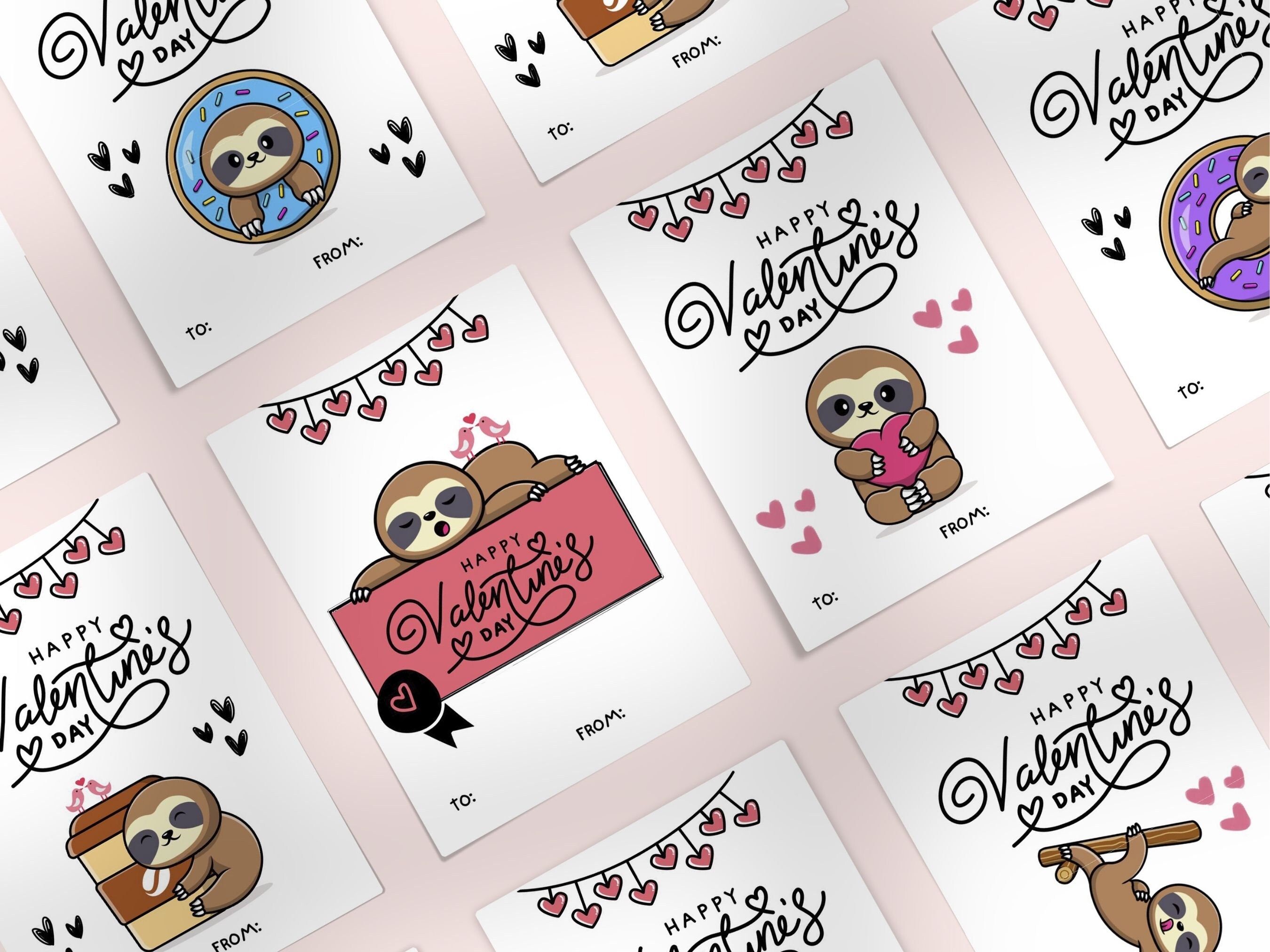 Sloth Valentine Printable Cards for Kids, February 14th Vday Classroom ...