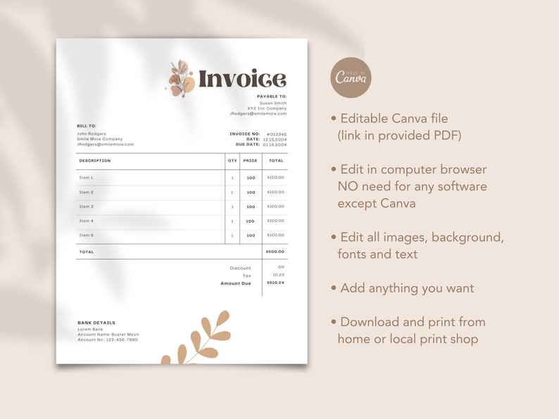 Editable Boho Invoice Template Professional & Minimalist Design Clean ...