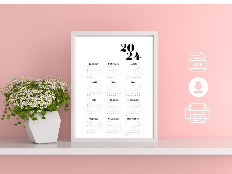 2024 Digital Download Printable Wall Calendar, Desktop Black & White ...
