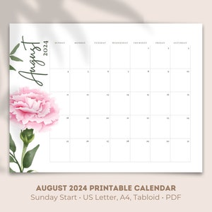 August 2024 Calendar, Floral, Elegant, Classy, Downloadable, Printable ...