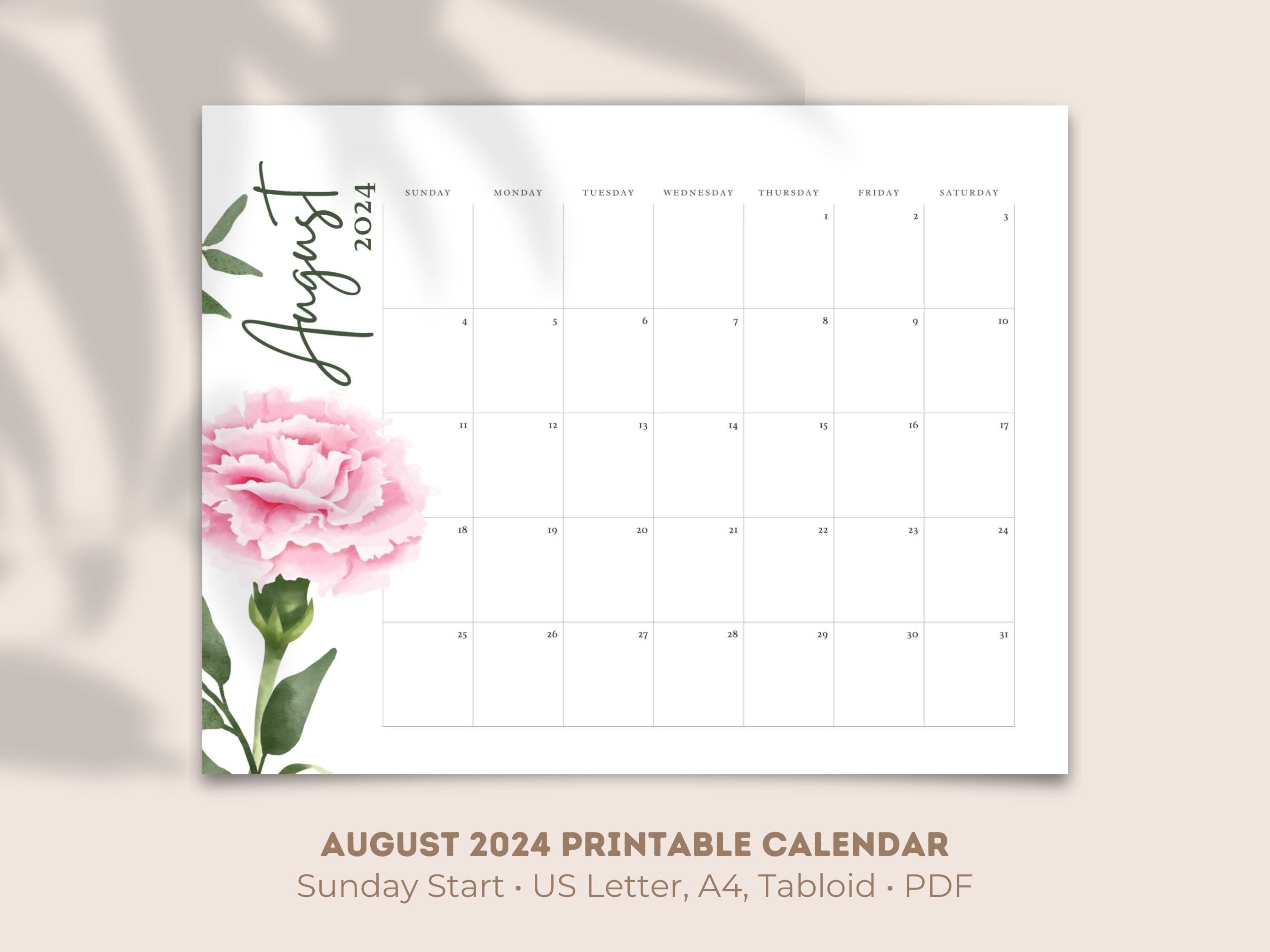 August 2024 Calendar, Floral, Elegant, Classy, Downloadable, Printable ...
