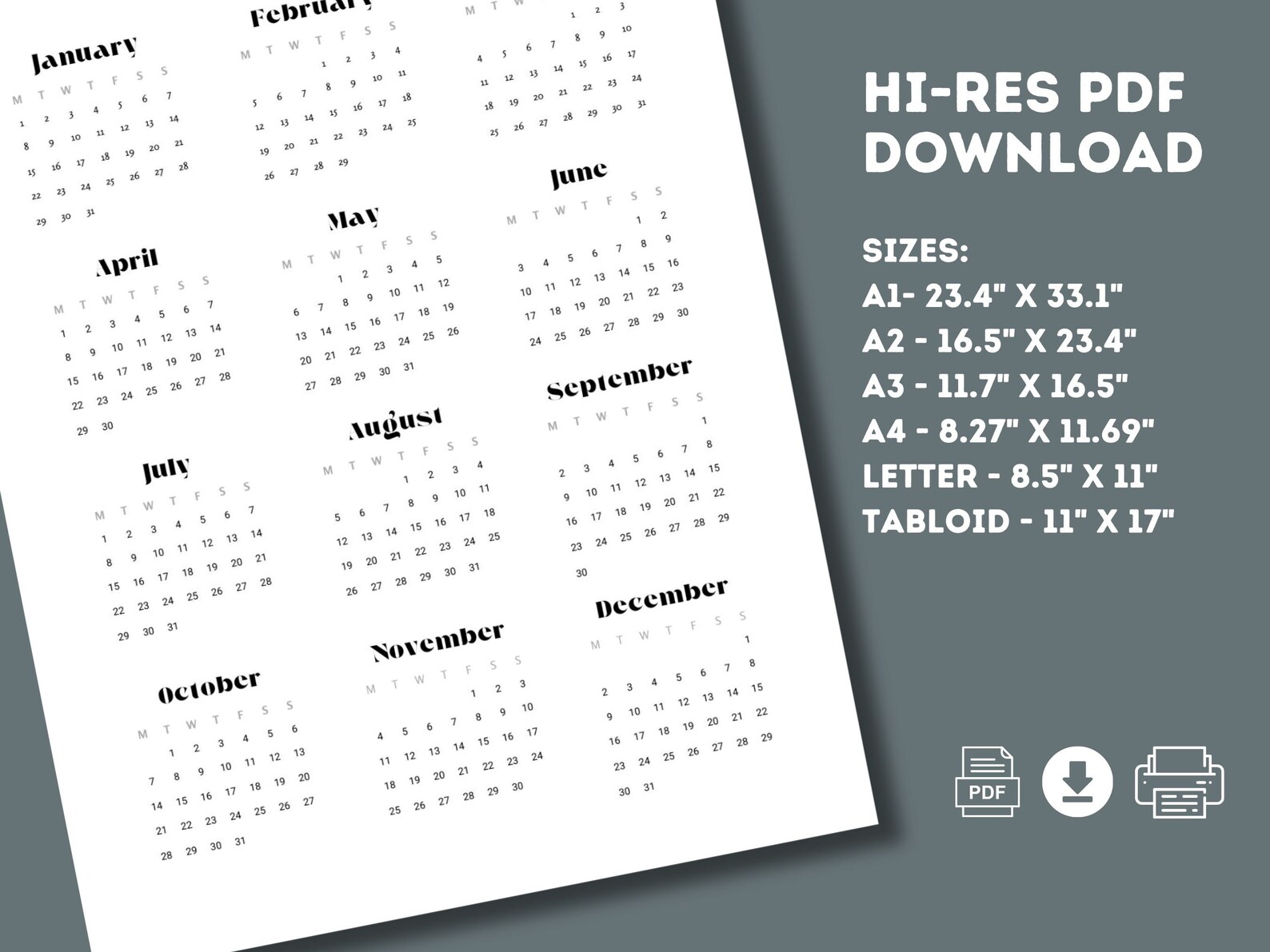 2024 Digital Download Printable Wall Calendar, Desktop Black & White ...