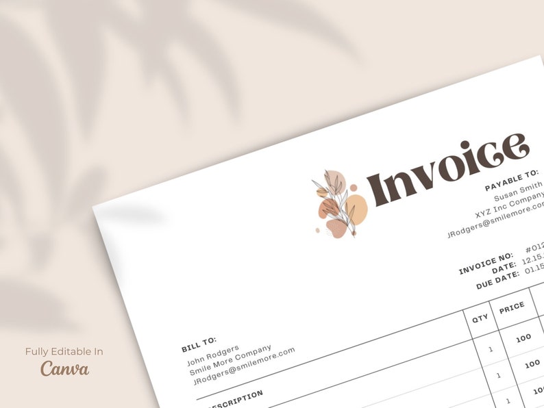 Editable Boho Invoice Template Professional & Minimalist Design Clean ...