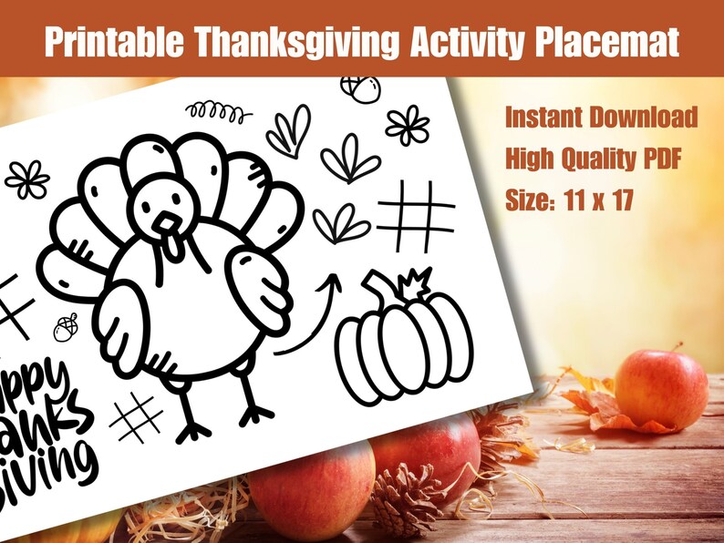 Kids Printable Thanksgiving Coloring Placemat, Downloadable Turkey Day ...