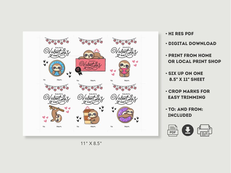 Sloth Valentine Printable Cards for Kids, February 14th Vday Classroom ...