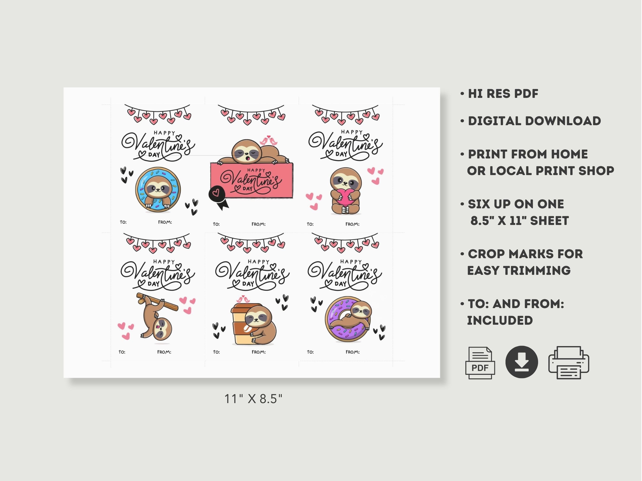 Sloth Valentine Printable Cards for Kids, February 14th Vday Classroom ...