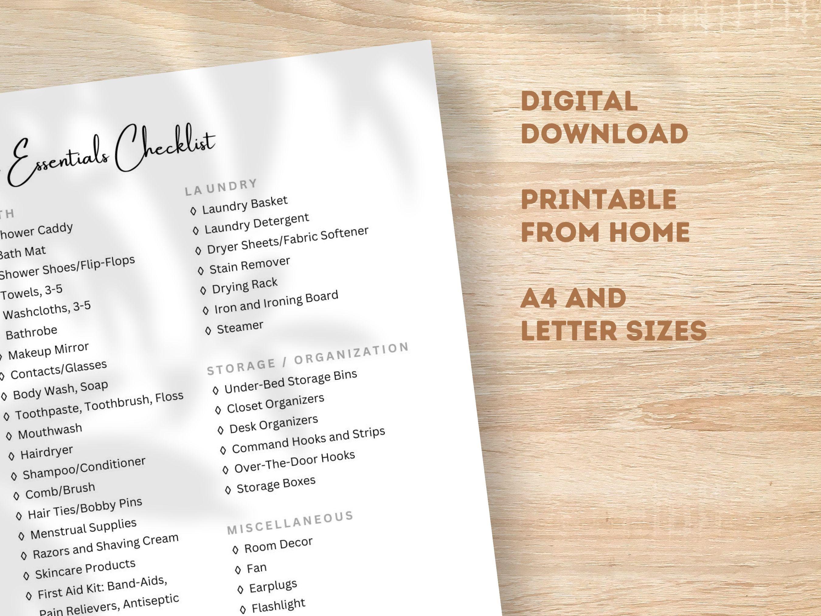 Dorm Room Essentials Checklist: College Packing List (PDF) - Etsy