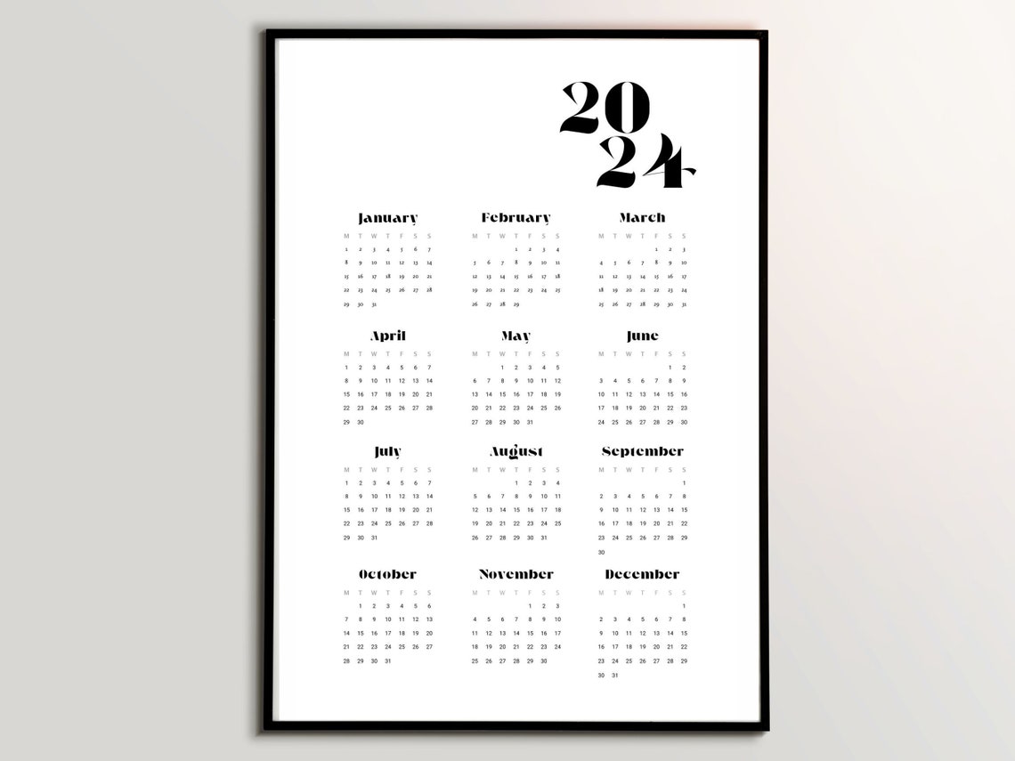 2024 Digital Download Printable Wall Calendar, Desktop Black & White ...