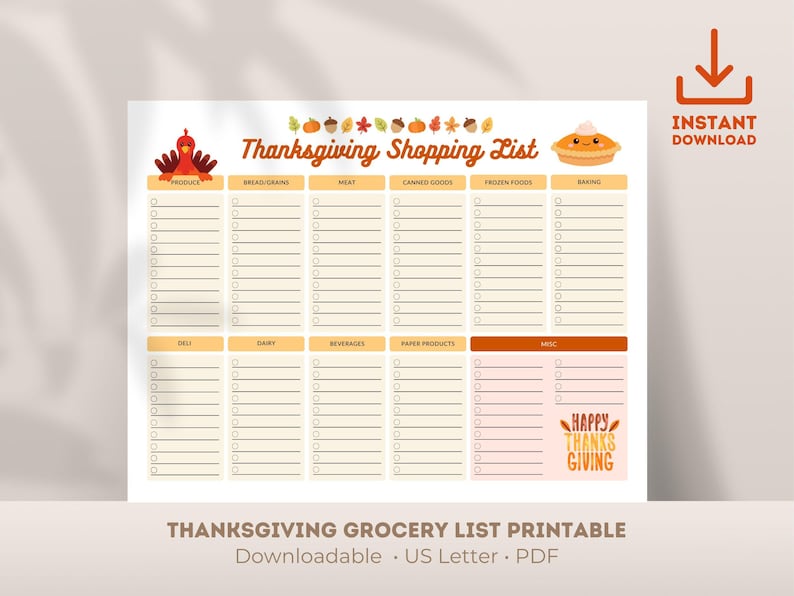 Thanksgiving Grocery List Template Printable Shopping Planner Meal Prep ...