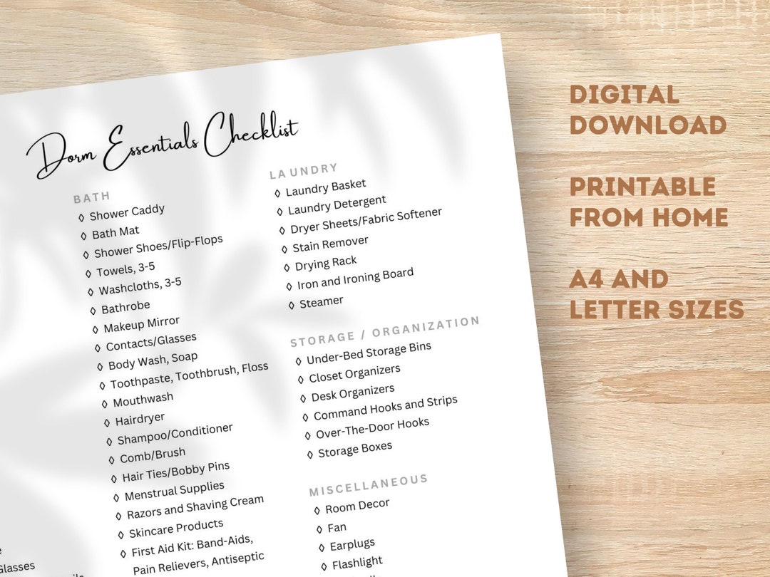 Dorm Essentials Checklist Printable, College Dorm Room Checklist PDF ...
