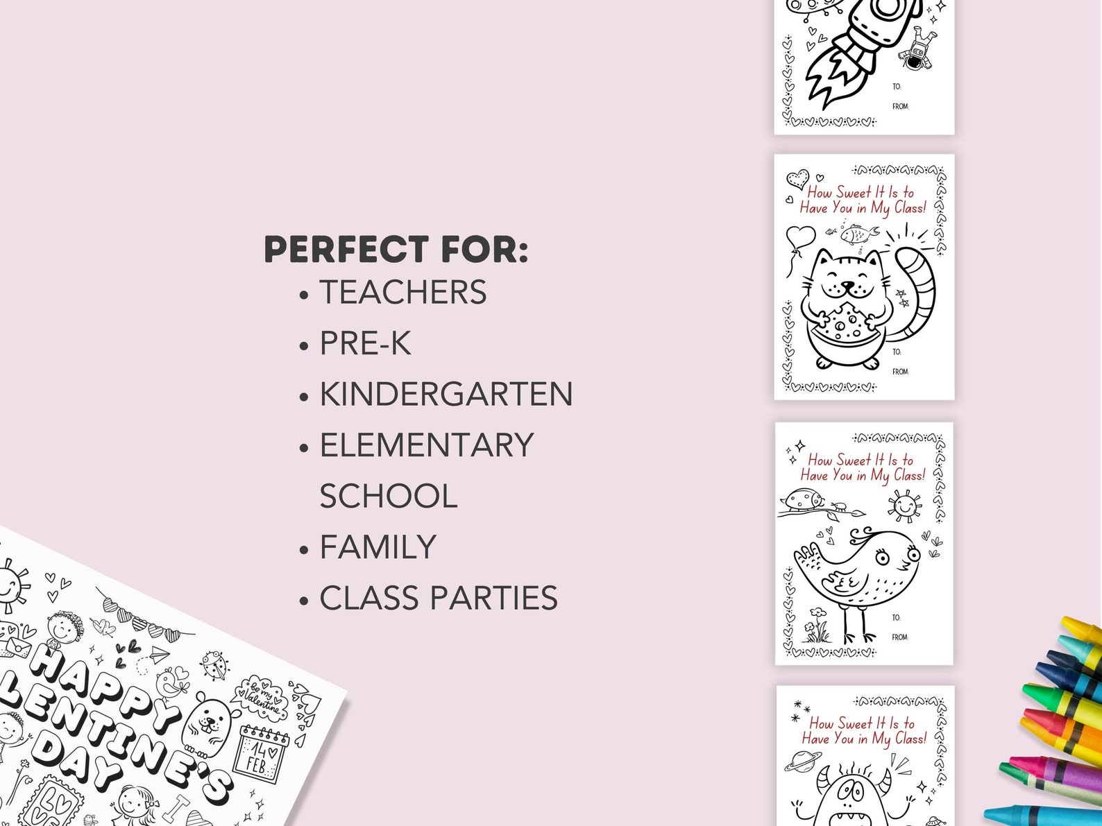 Coloring Valentine Card, Crayon Valentine Printable Bundle From Teacher ...