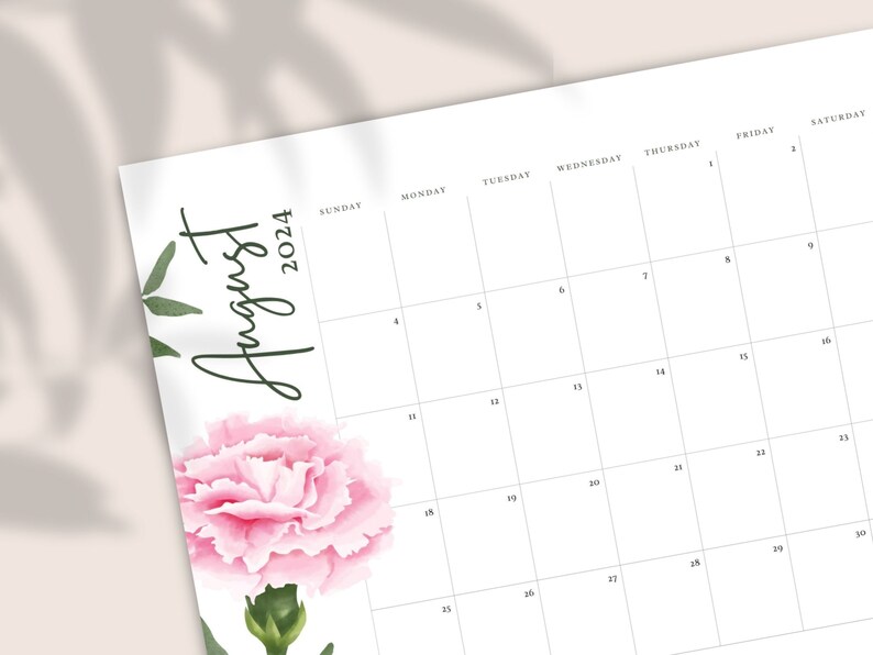 August 2024 Calendar, Floral, Elegant, Classy, Downloadable, Printable ...