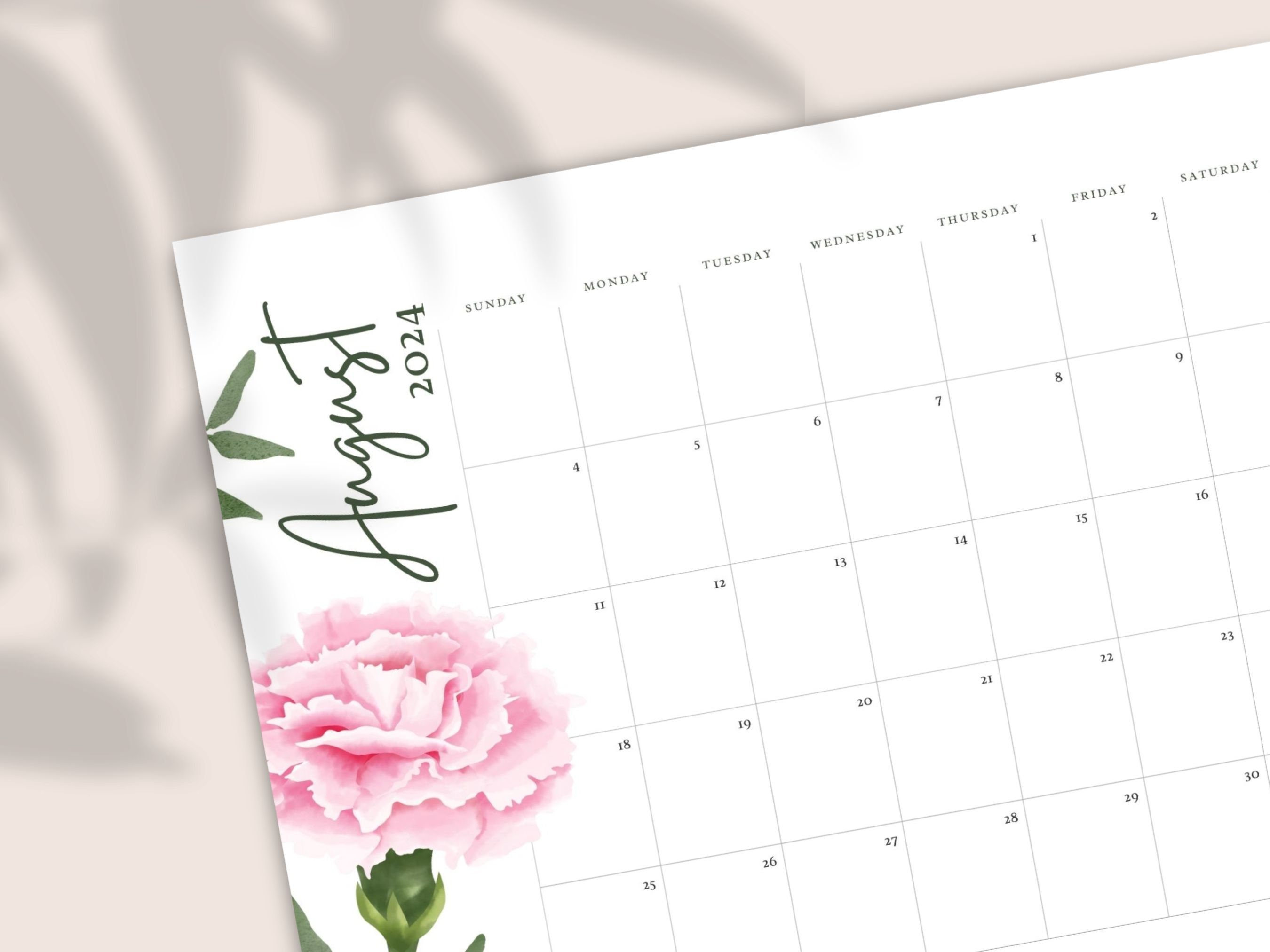 August 2024 Calendar, Floral, Elegant, Classy, Downloadable, Printable ...