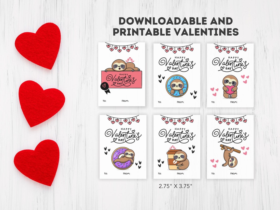 Sloth Valentine Printable Cards for Kids, February 14th Vday Classroom ...