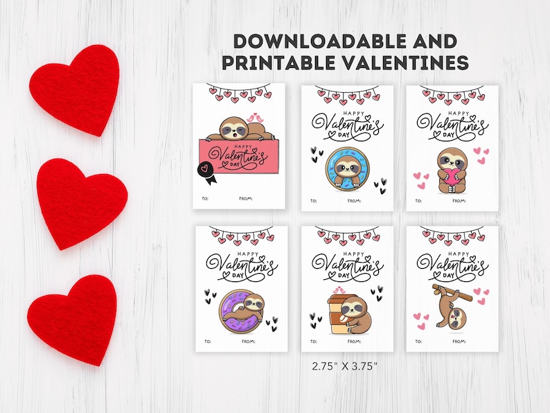 Sloth Valentine Printable Cards for Kids, February 14th Vday Classroom ...