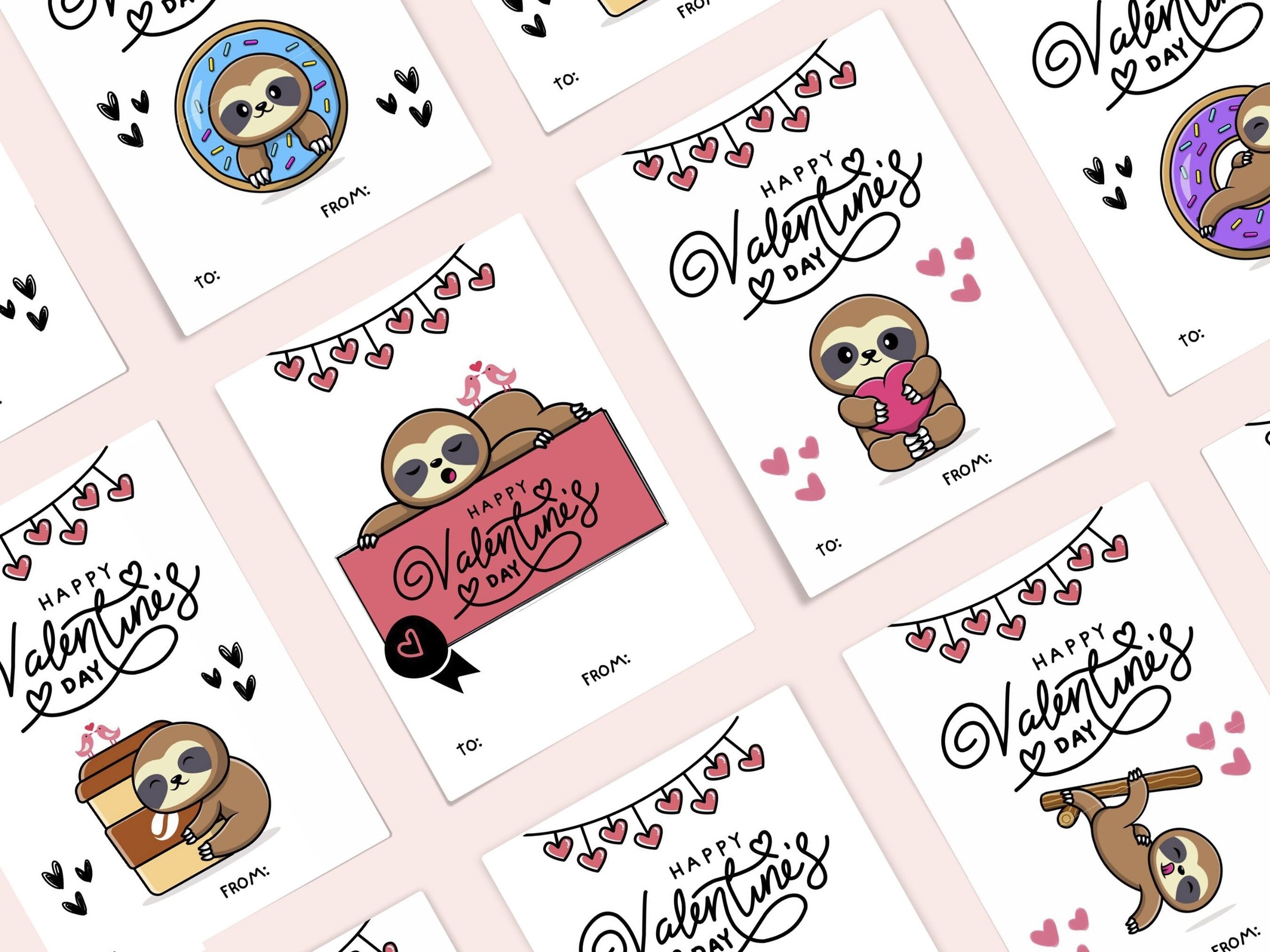 Sloth Valentine Printable Cards for Kids, February 14th Vday Classroom ...